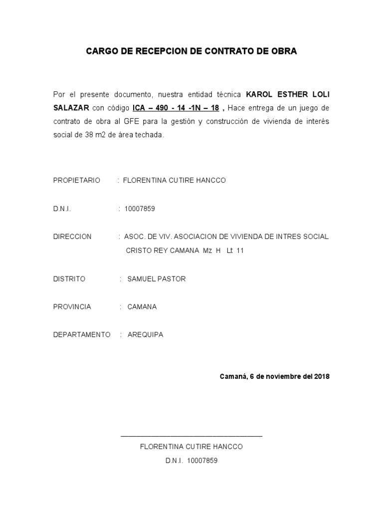 Cargo de Recepcion de Contrato de Obra | PDF