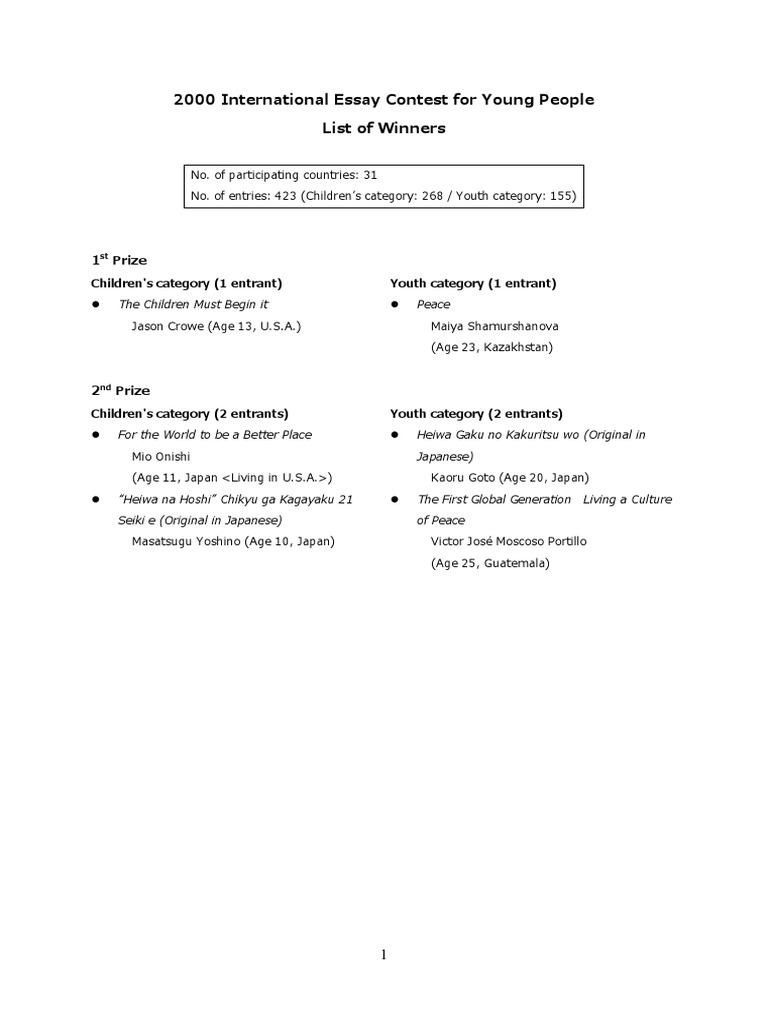 2000 International Essay Contest For Young People List of Winners | PDF ...