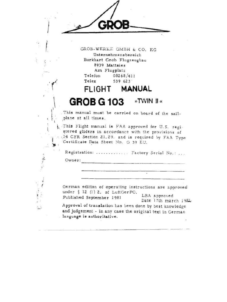Grob 103 Twin Astir Flight Manual | PDF