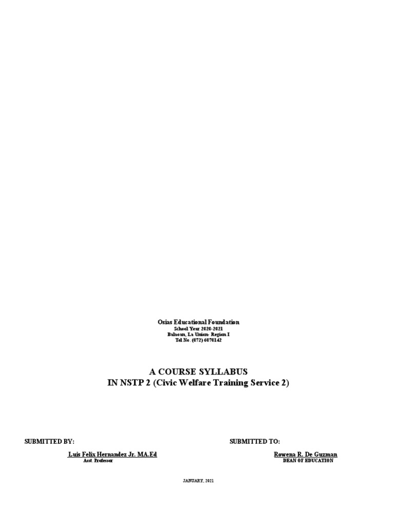 NSTP 2 Course Syllabus: CWTS Overview | PDF | Community | Test (Assessment)