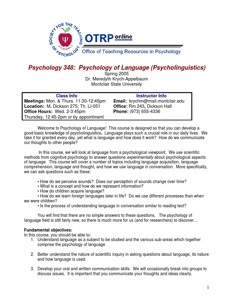 Psychology 348: Psychology of Language (Psycholinguistics) | PDF ...