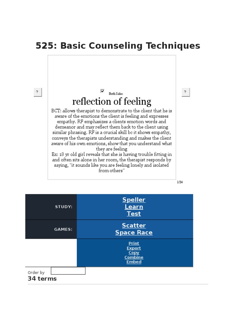 Reflection of Feeling: 525: Basic Counseling Techniques | PDF ...