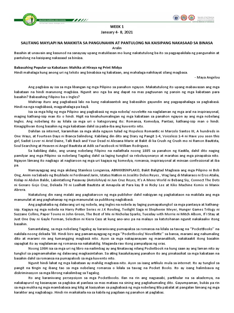 WEEK 12 LAS G8 FILIPINO 2nd Grading | PDF