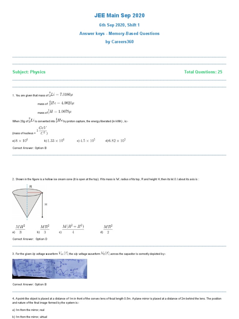 Jee Main Sepember 6 Shift 1 Careers360 Answer Key | PDF | Rotation Around A Fixed Axis | Gases