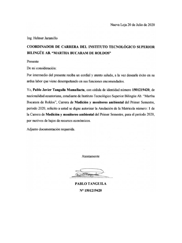 Solicitud de Anulacion de Matricula | PDF