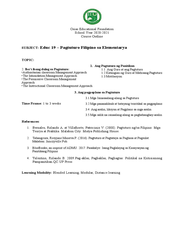 Educ 19 - Pagtuturo Sa Filipino Sa Elementarya | PDF