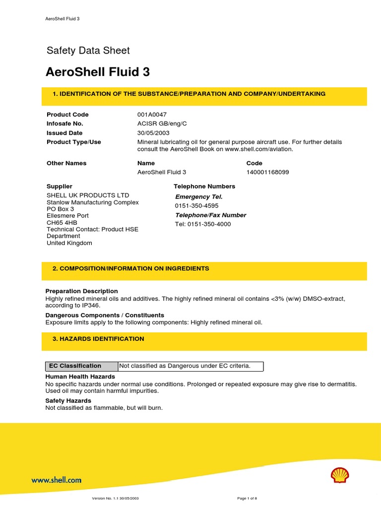 Aeroshell Fluid 3 PDF | PDF | Dangerous Goods | Occupational Safety And ...