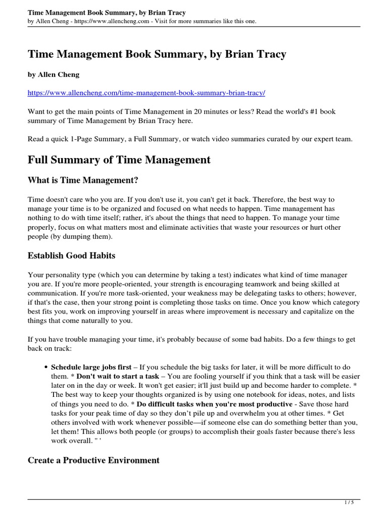 Time Management Book Summary Brian Tracy PDF | PDF | Time Management ...