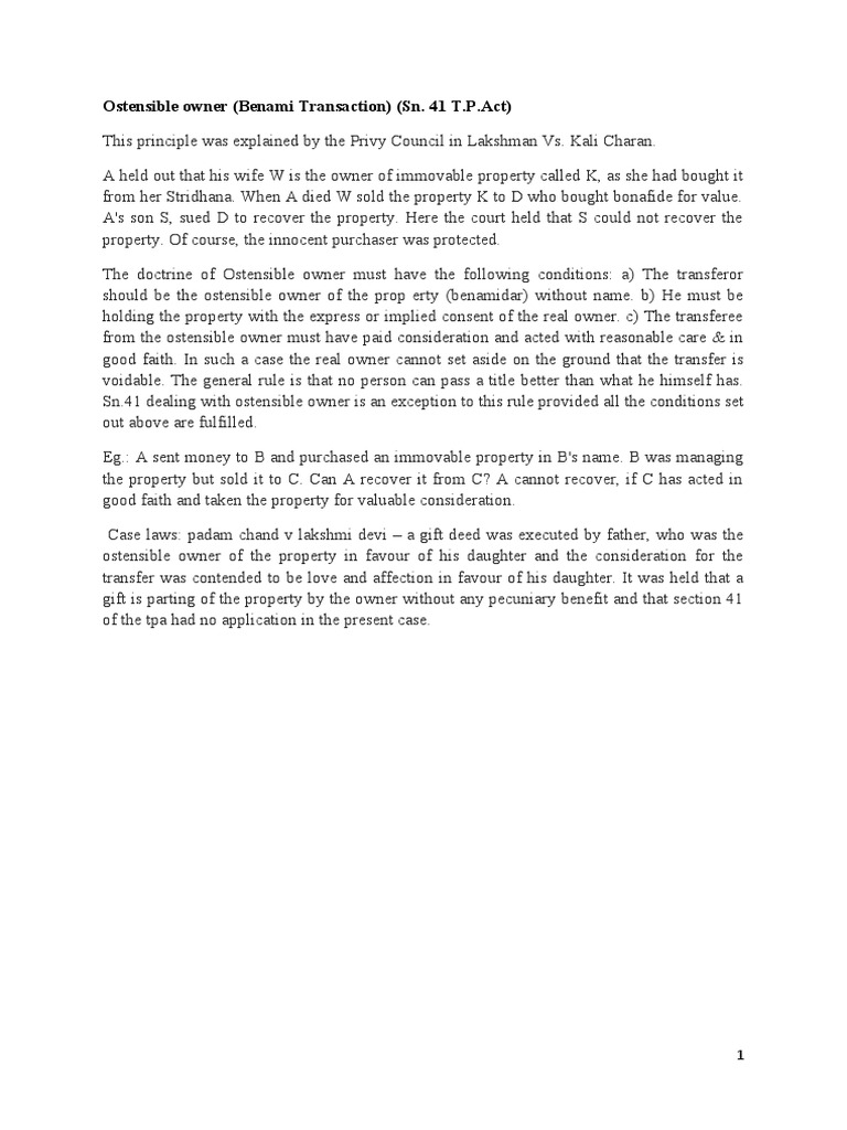 Ostensible Owner (Benami Transaction) (Sn. 41 T.P.Act) | PDF