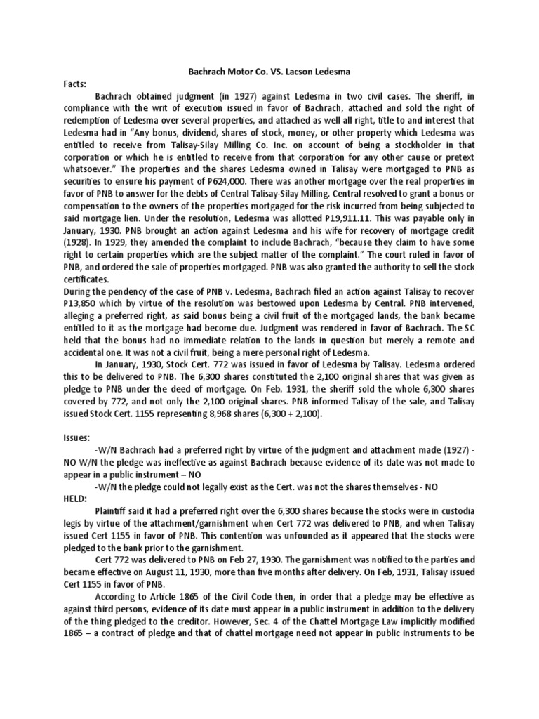 PEREZ Bachrach Motor Co. VS. Lacson Ledesma | PDF | Mortgage Law ...