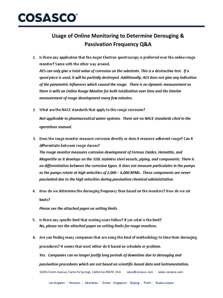 Derouging & Passivation Frequency Q&A | PDF | Calibration | Corrosion