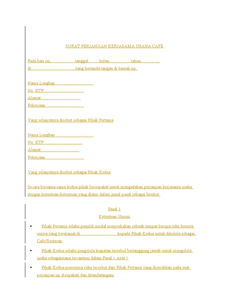Surat Perjanjian Kerjasama Usaha Cafe | PDF