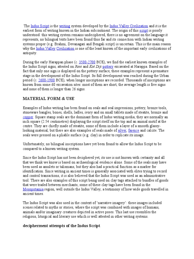 Indus Valley Civilization Writing System | PDF | Writing | Human ...