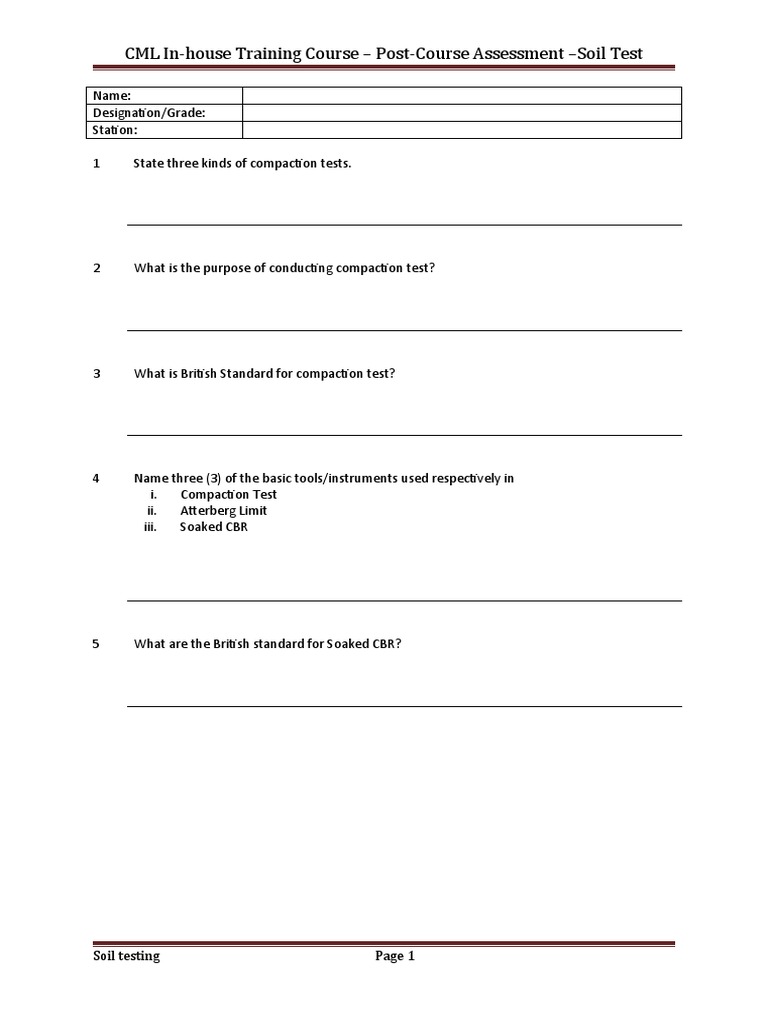 CML In-House Training Course - Post-Course Assessment - Soil Test | PDF