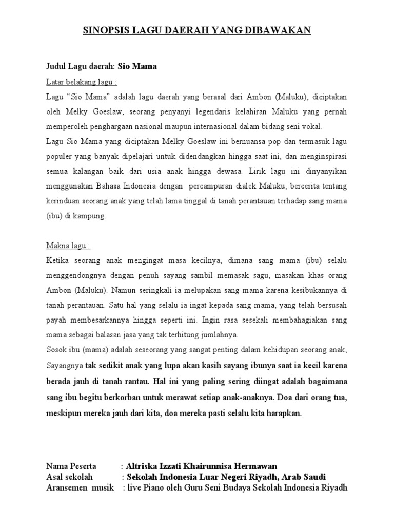Sinopsis Lagu Daerah Sio Mama | PDF