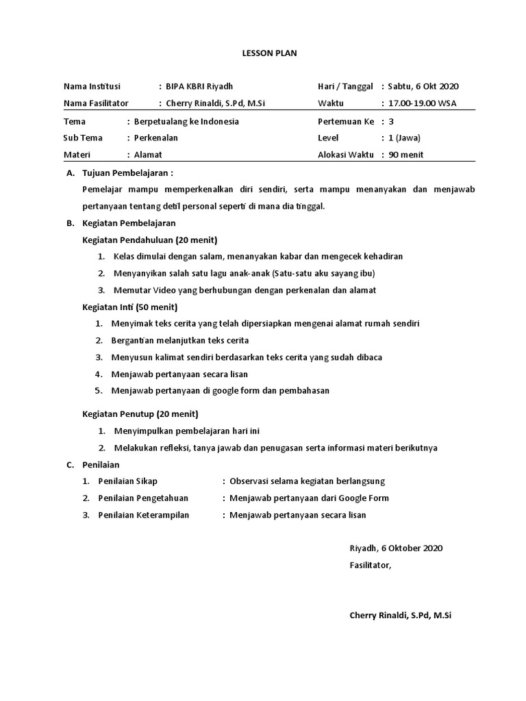 Lesson Plan Perkenalan Materi Alamat | PDF