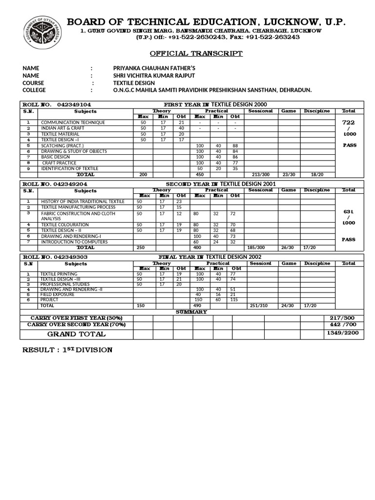 Board of Technical Education, Lucknow, U.P.: Official Transcript | PDF ...