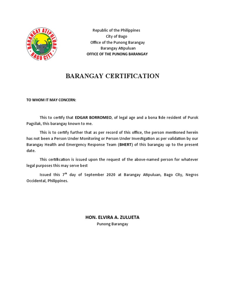 Barangay Certification: Office of The Punong Barangay | PDF
