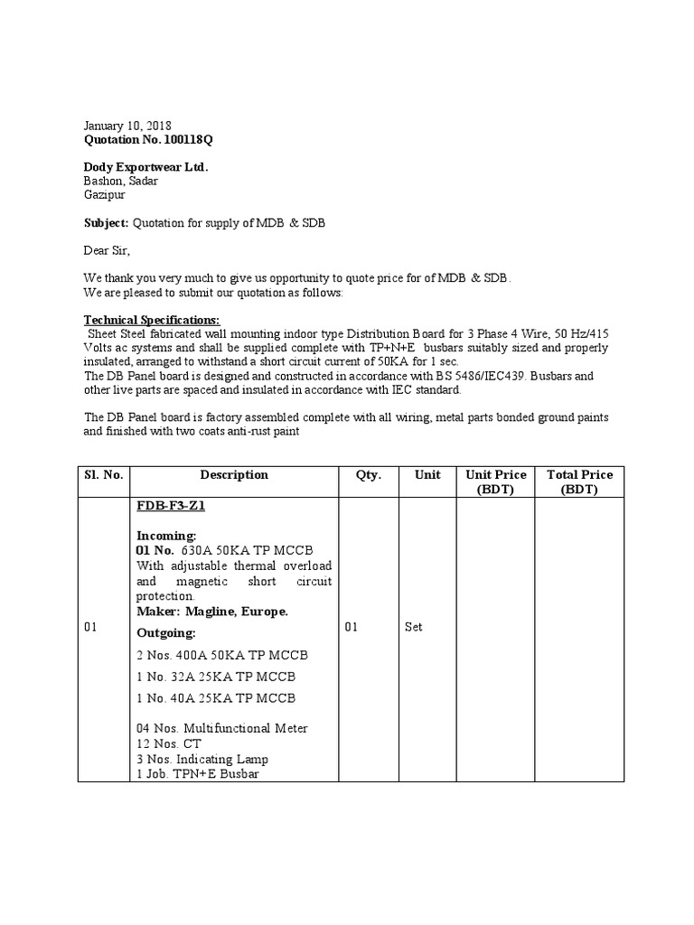 Quotation of MDB & SDB | PDF | Payments | Electric Power