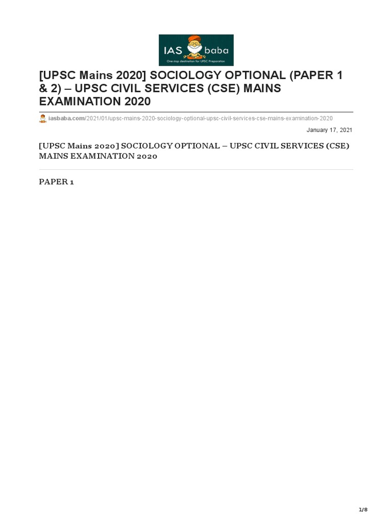 UPSC Mains 2020 SOCIOLOGY OPTIONAL PAPER 1 Amp 2 UPSC CIVIL SERVICES ...
