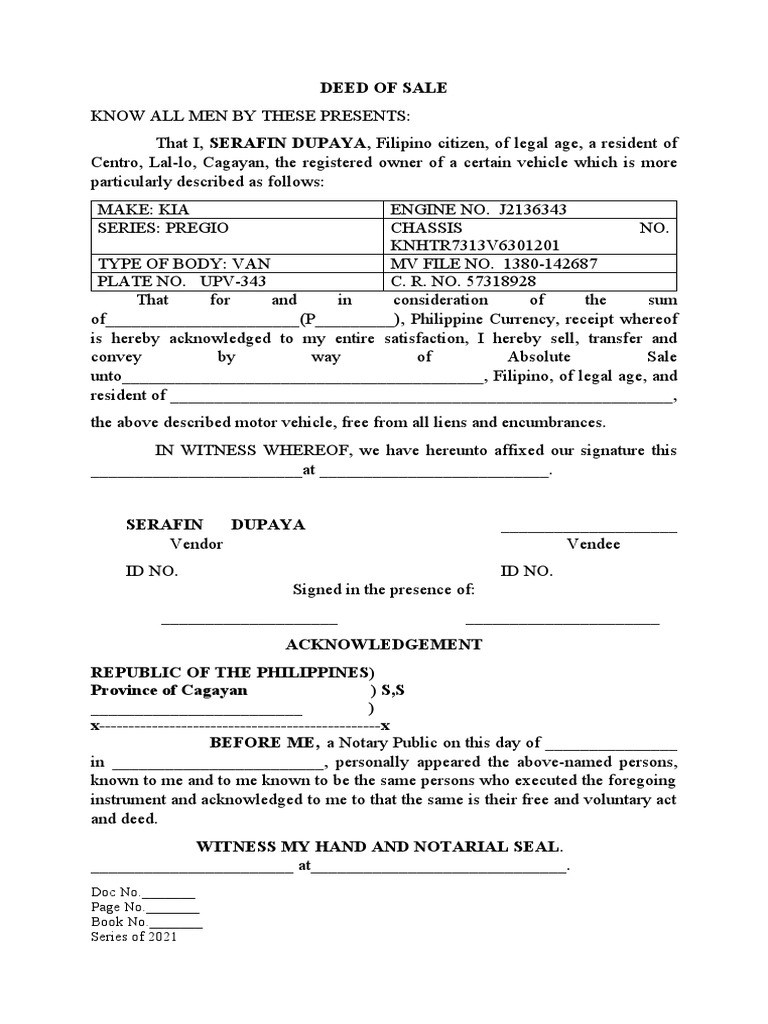 Deed of Sale Vehicle Transfer | PDF | Notary Public | Affidavit
