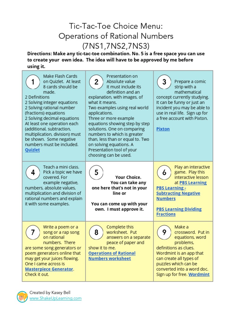 Tic-Tac-Toe Menu Choice Board Template From | PDF | Rational Number ...