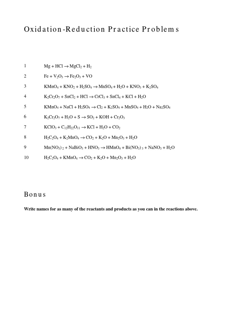 Oxidation-Reduction Practice Problems: Bonus | PDF