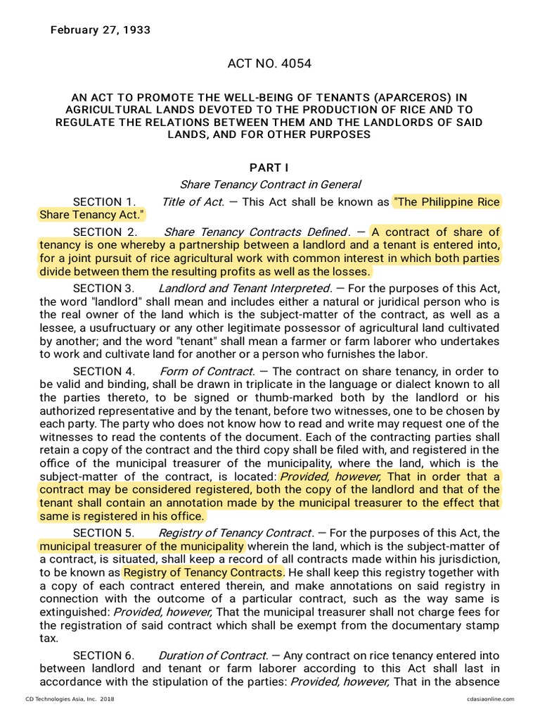 Philippine Rice Share Tenancy Act | PDF | Leasehold Estate | Landlord
