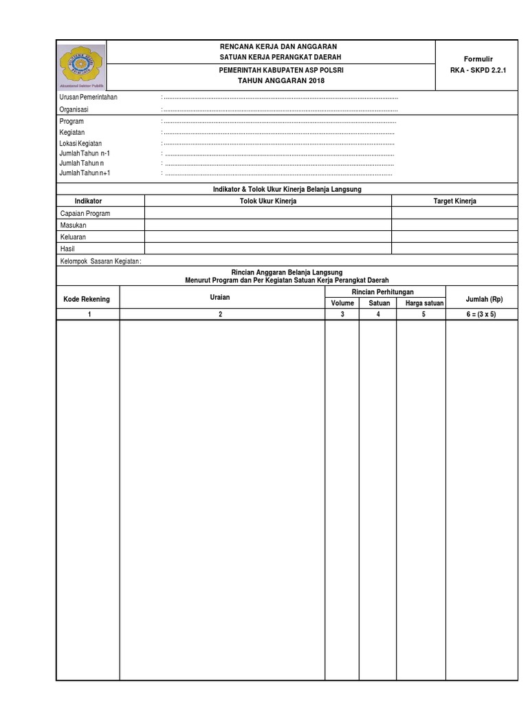 Formulir RKA SKPD 2.2.1 Potraid | PDF
