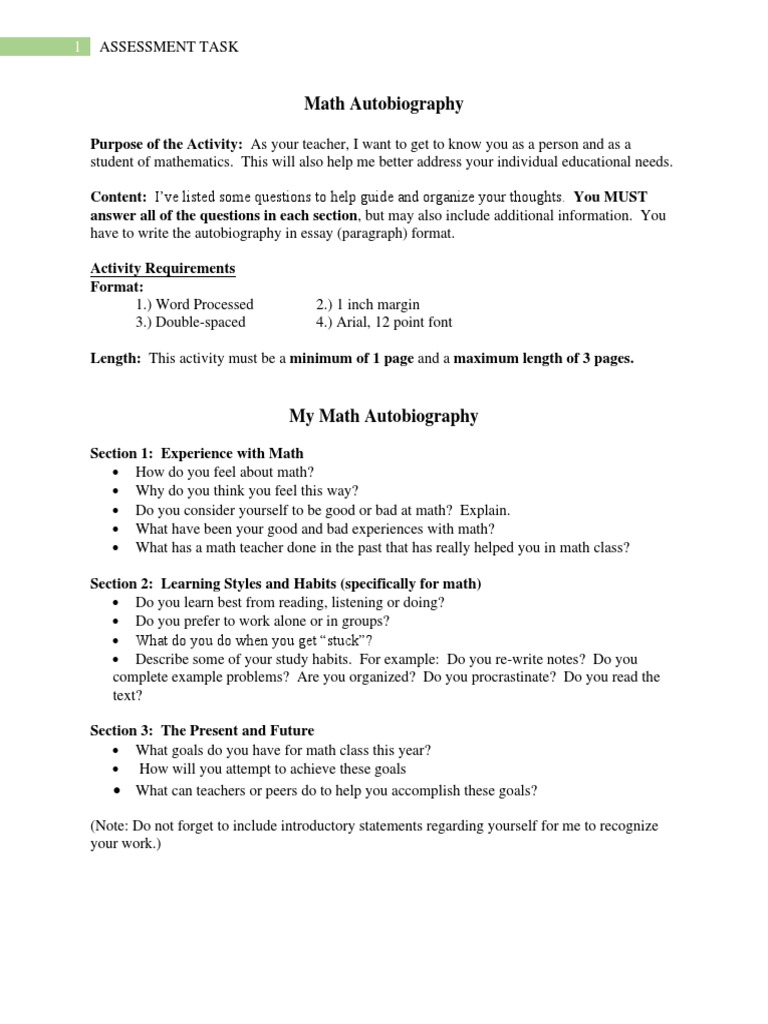 Math Autobiography Assignment Guide | PDF | Paragraph | Teaching ...