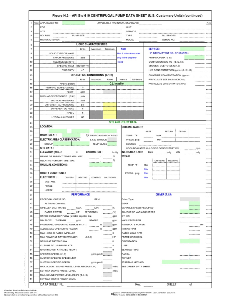 Figure N.2: API STD 610 CENTRIFUGAL PUMP DATA SHEET (U.S. Customary ...