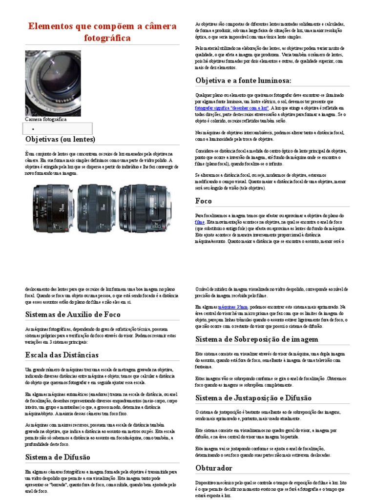 Componentes da Câmera Fotográfica | PDF | Abertura | Câmera