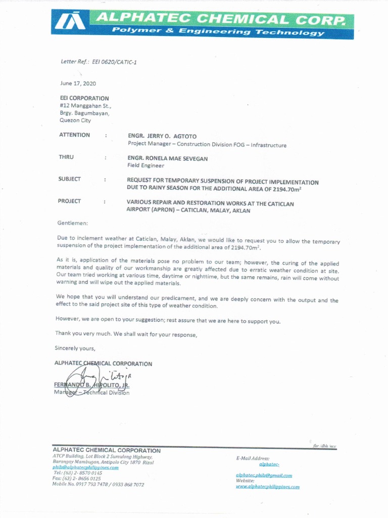 Request Letter For Temporary Suspension of Works | PDF