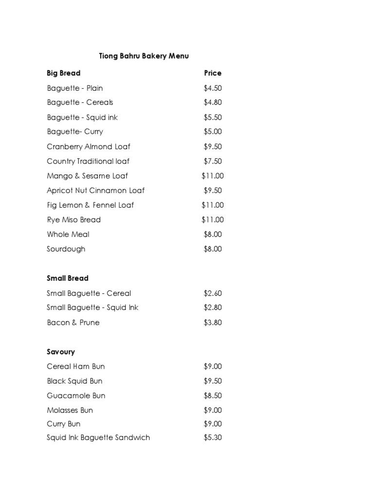 Tiong Bahru Bakery Menu Big Bread Price | PDF | Cuisine | Foods