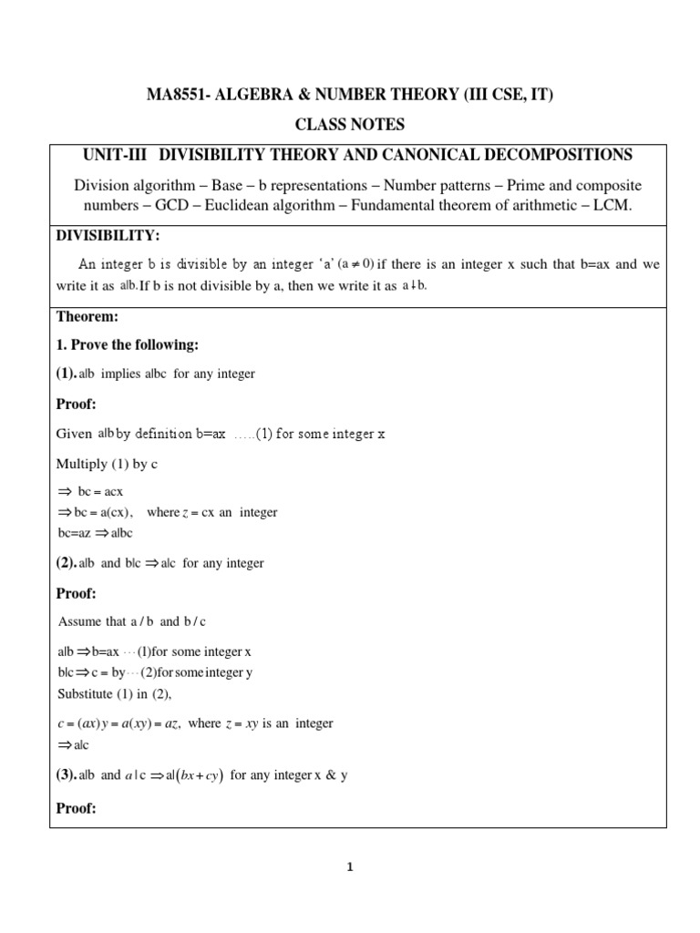 Ma8551-Algebra & Number Theory (Iii Cse, It) Class Notes Unit-Iii ...