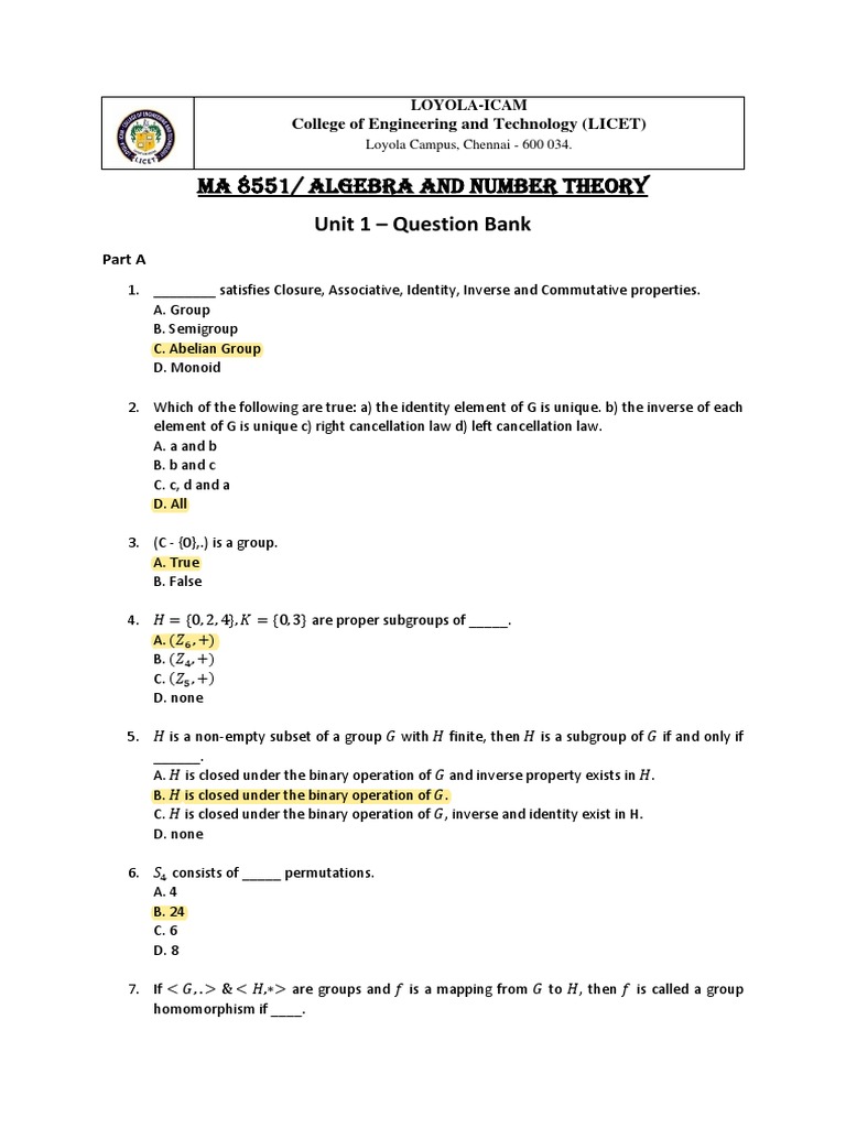 ANT - All Units (With Answers) PDF | PDF | Group (Mathematics) | Field ...
