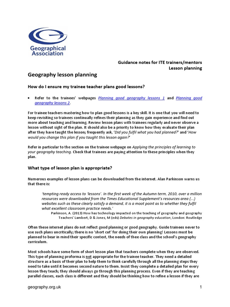 Geography Lesson Planning: Guidance Notes For ITE Trainers/mentors ...