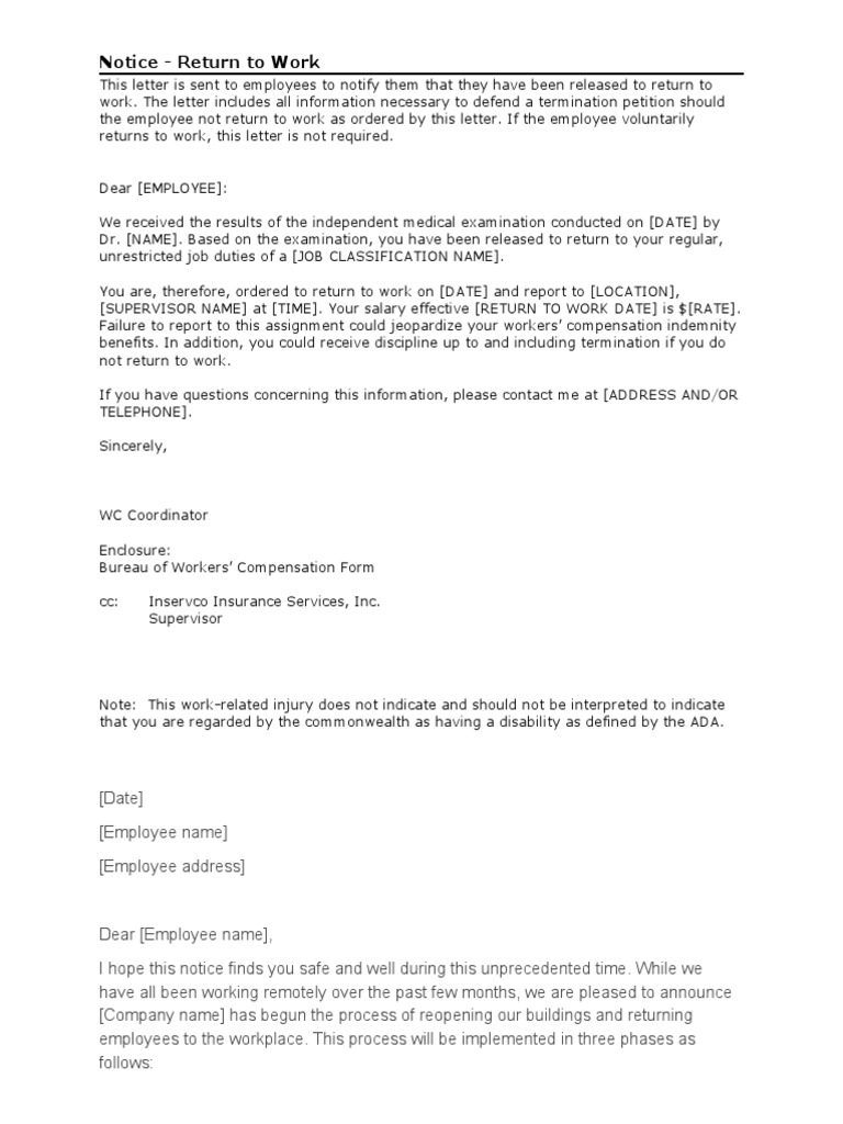 Notice - Return To Work | Download Free PDF | Workers' Compensation ...