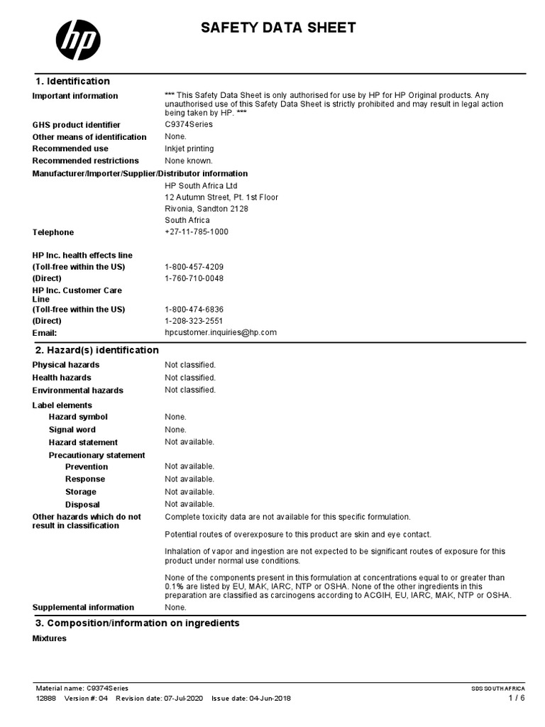 Safety Data Sheet: 1. Identification | PDF | Dangerous Goods | Workplace