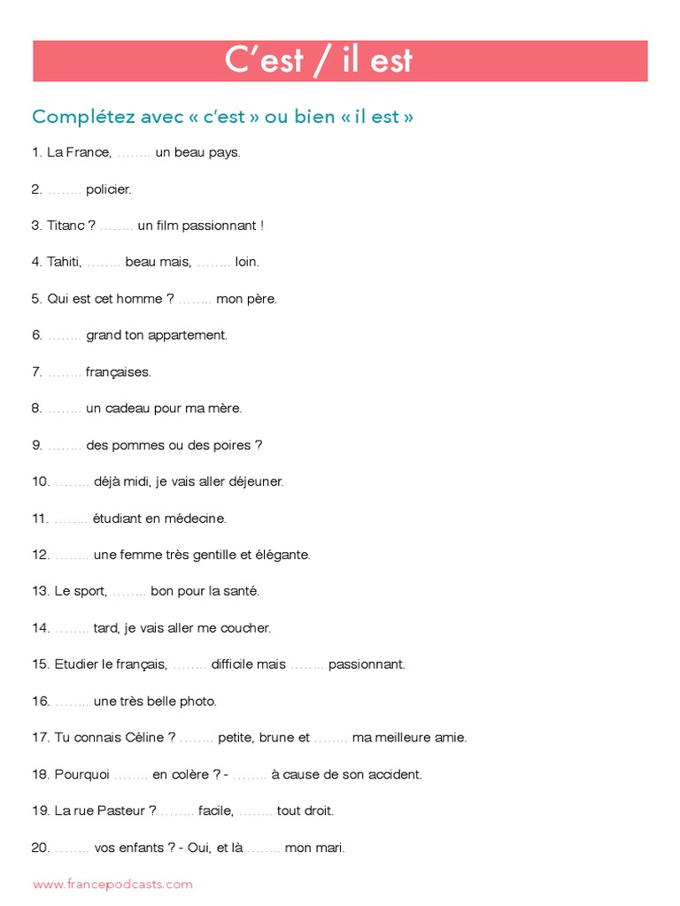 Exercices : C'est ou Il est ? | PDF | Livres de cuisine, nourriture et vin