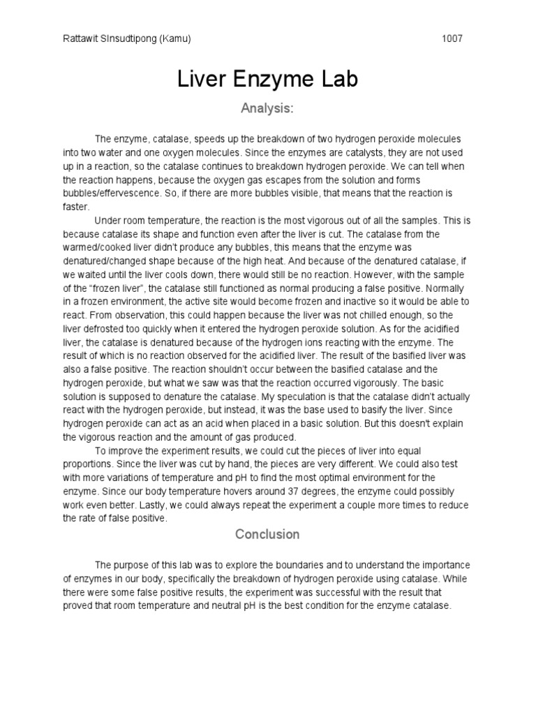 Biology - Liver Enzyme Lab - Analysis | PDF | Catalase | Enzyme