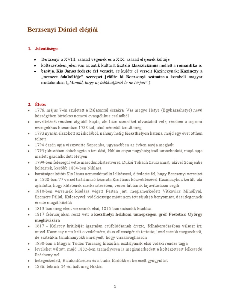 Berzsenyi Dániel Elégiái | PDF