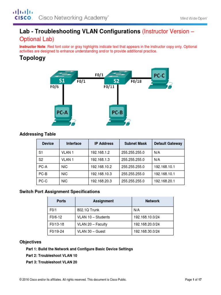 Lab - Troubleshooting VLAN Configurations: (Instructor Version - Optional Lab) | PDF | Computer ...