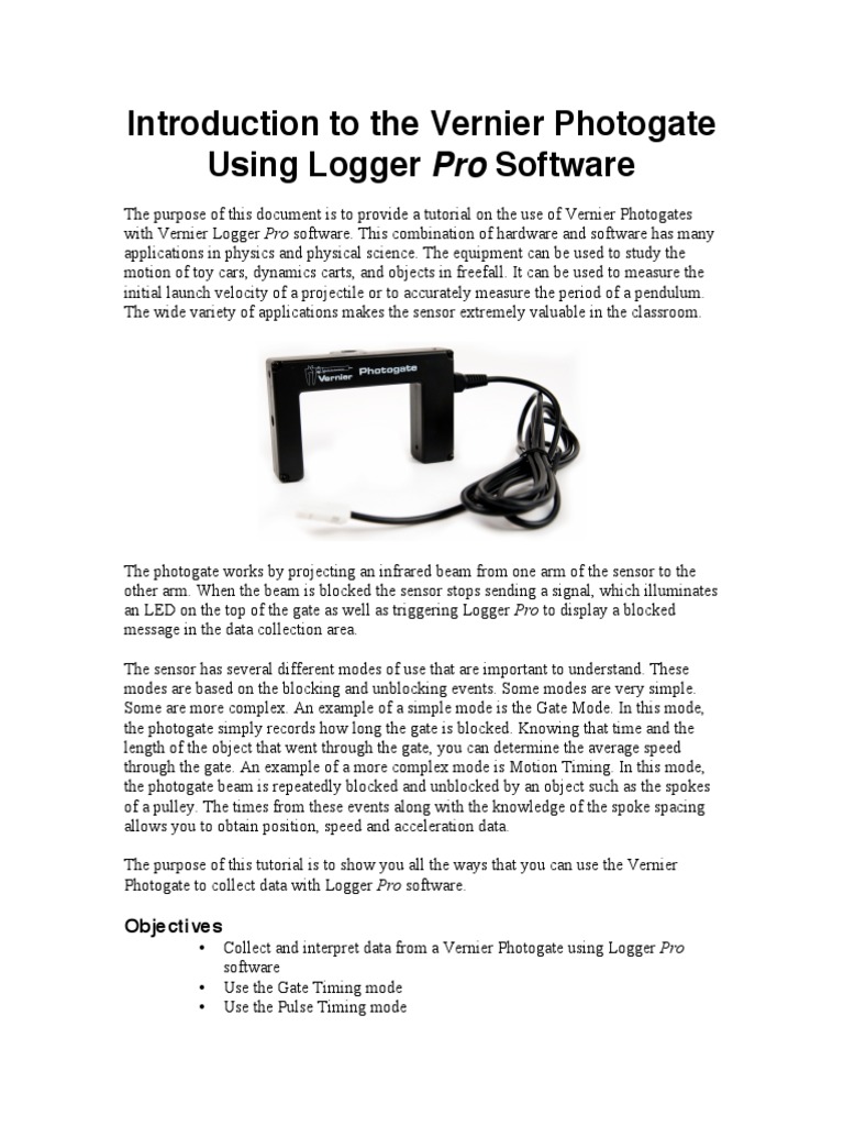 Introduction To The Vernier Photogate Using Logger Pro Software | PDF ...