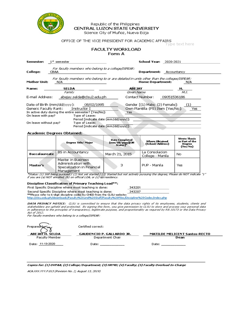 Faculty Workload Forms for CLSU 2020-2021 | PDF | Thesis | Academia