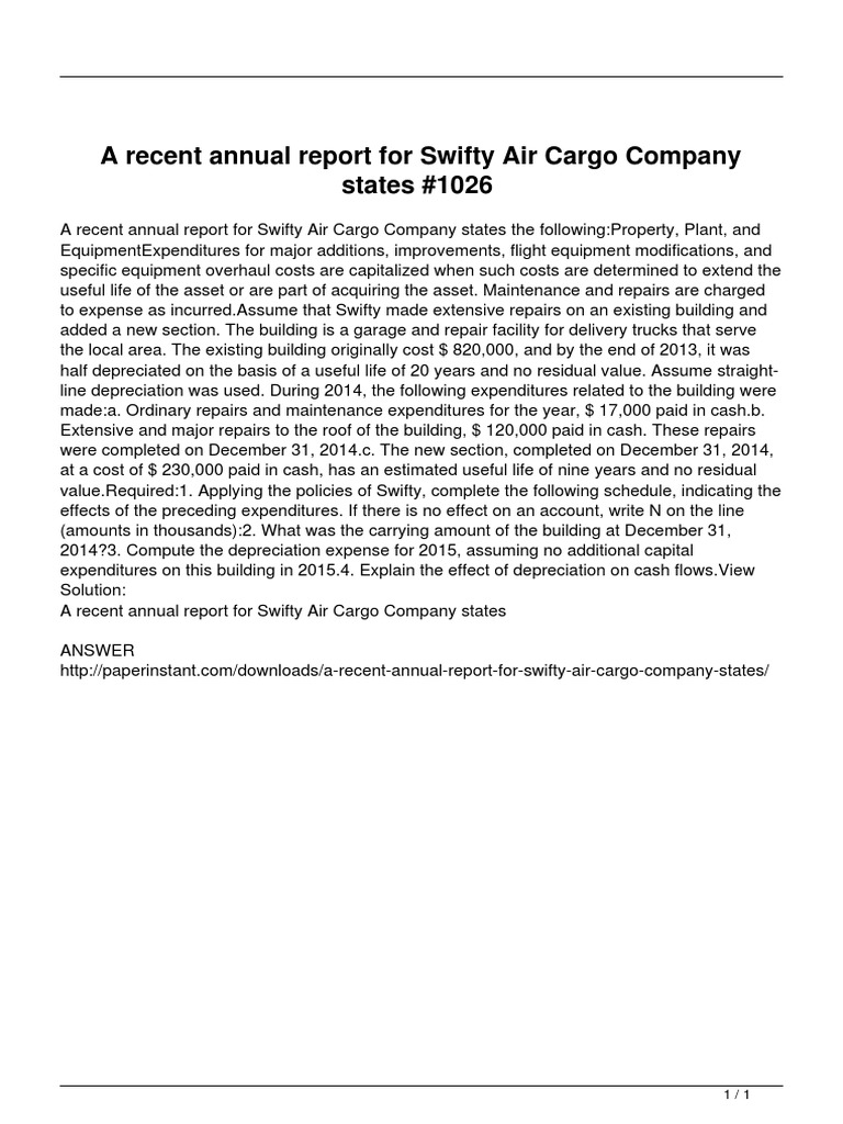A Recent Annual Report For Swifty Air Cargo Company States PDF ...