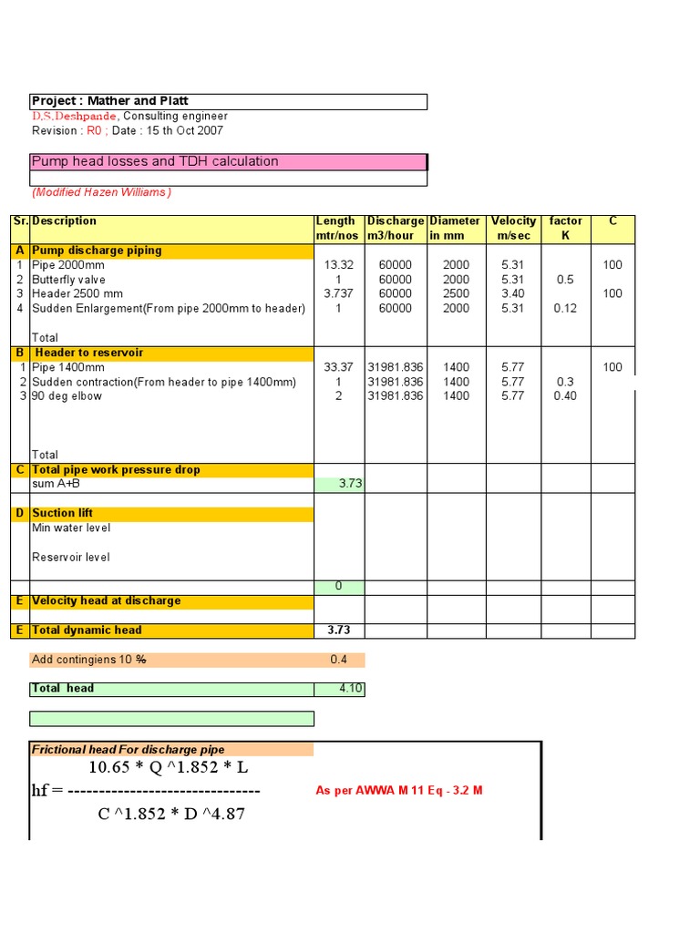 Pump Head Losses and TDH Calculation: 10.65 Q 1.852 L HF - C 1.852 D 4. ...