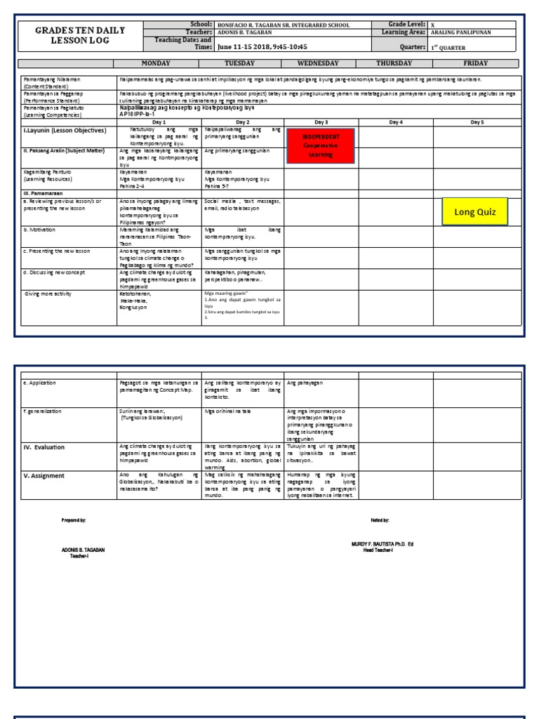 Daily Lesson Log in Arpan 10 | PDF