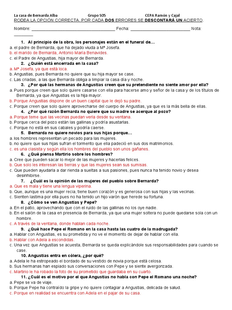 Examen La Casa de Bernarda Alba | PDF | Funeral