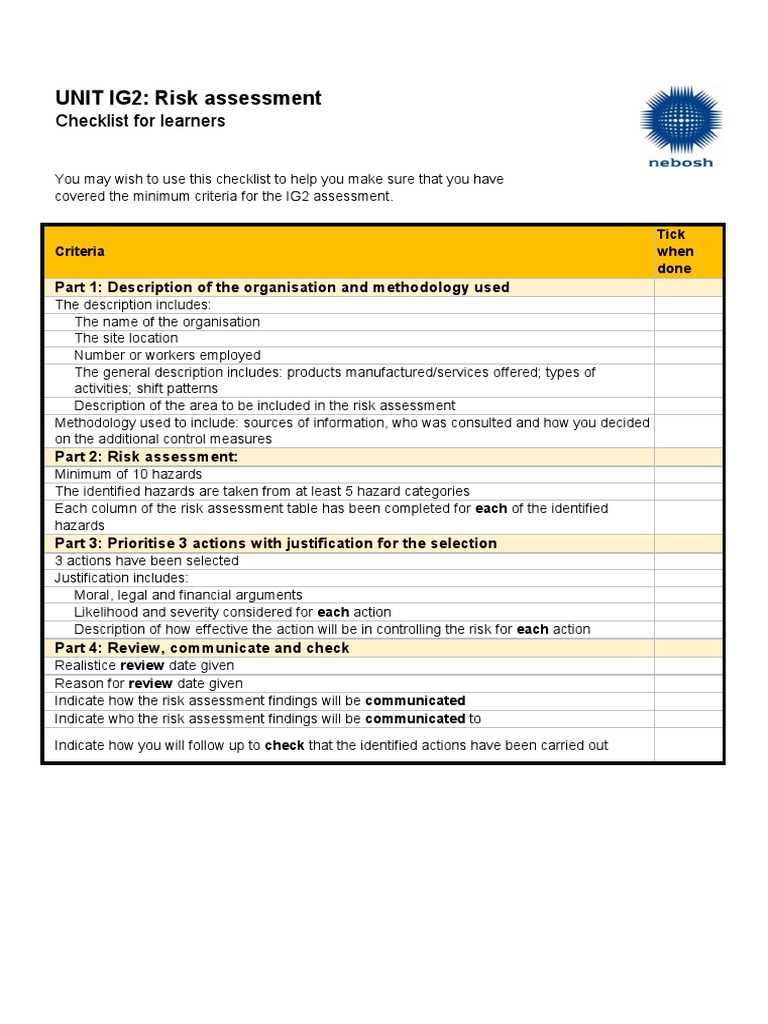 UNIT IG2: Risk Assessment: Checklist For Learners | PDF